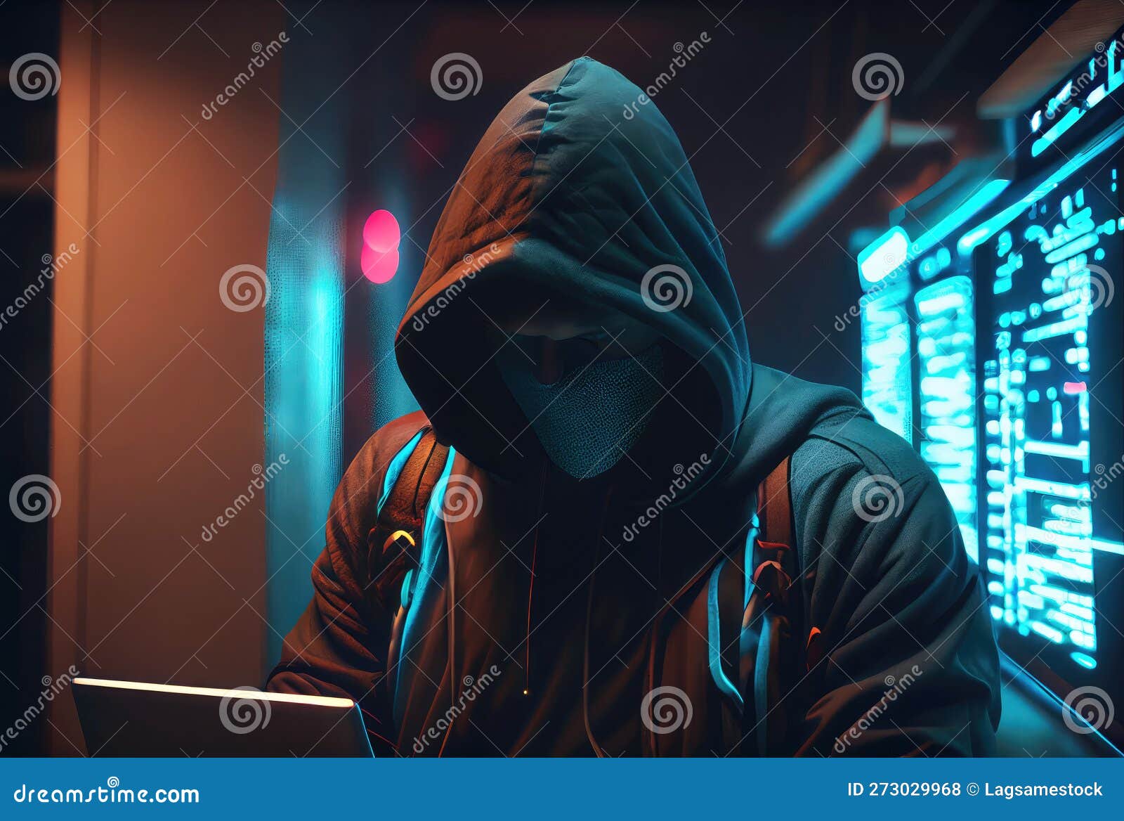 Hacker in the Black Hood in the Server Room. Unrecognizable People ...