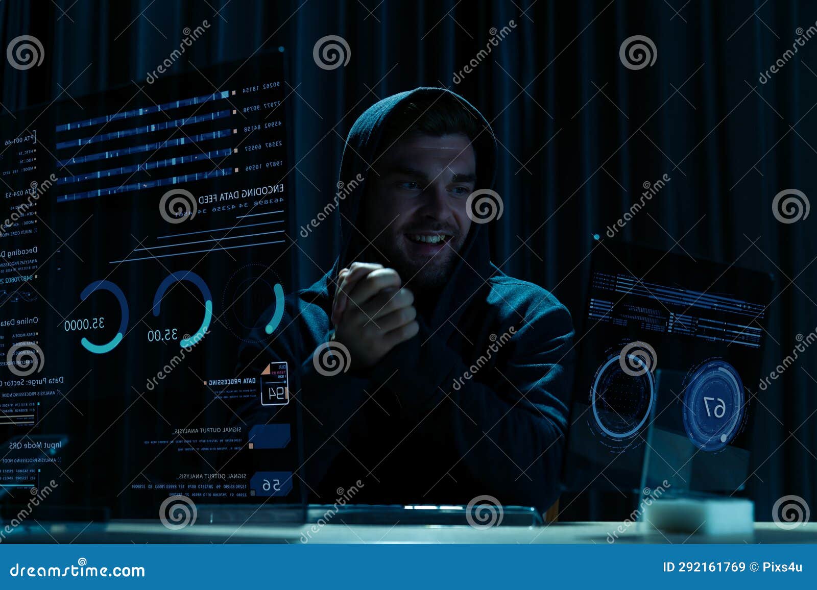 Hacker in Black Hood Use Computer and Success in Cyber Attack through ...