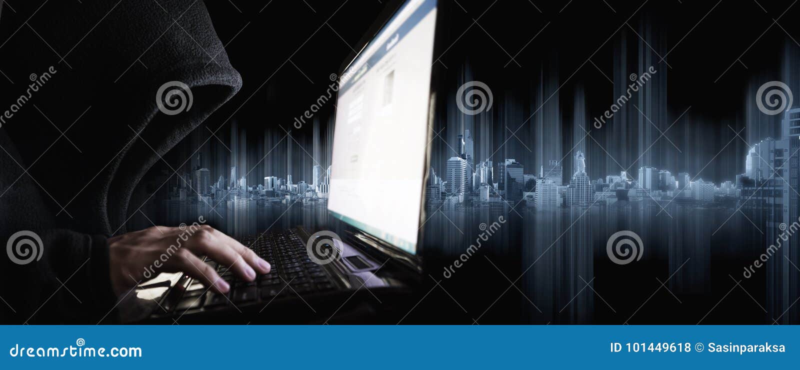 Hacker in Black Hood Using Laptop Computer Stock Photo - Image of ...