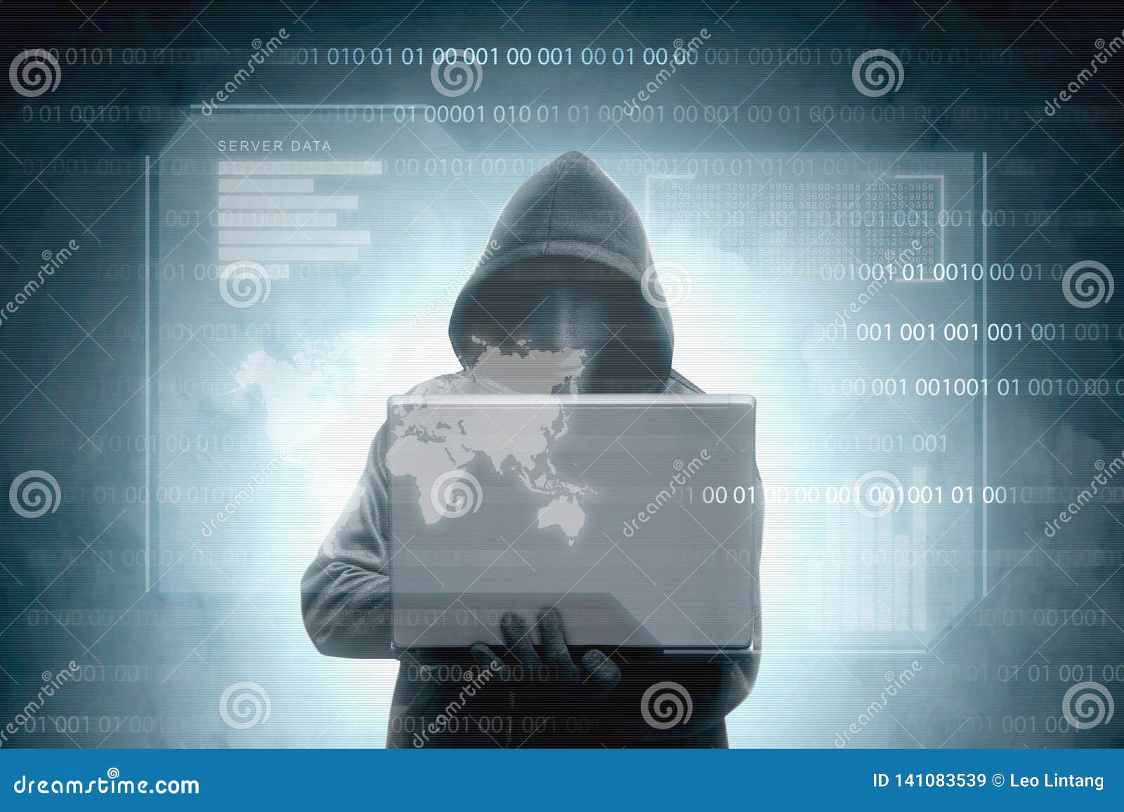 Hacker In Black Hoodie Holding Laptop With Virtual Display Server Data ... Hacker In Black Hoodie Holding Laptop With Virtual Display Server Data ...