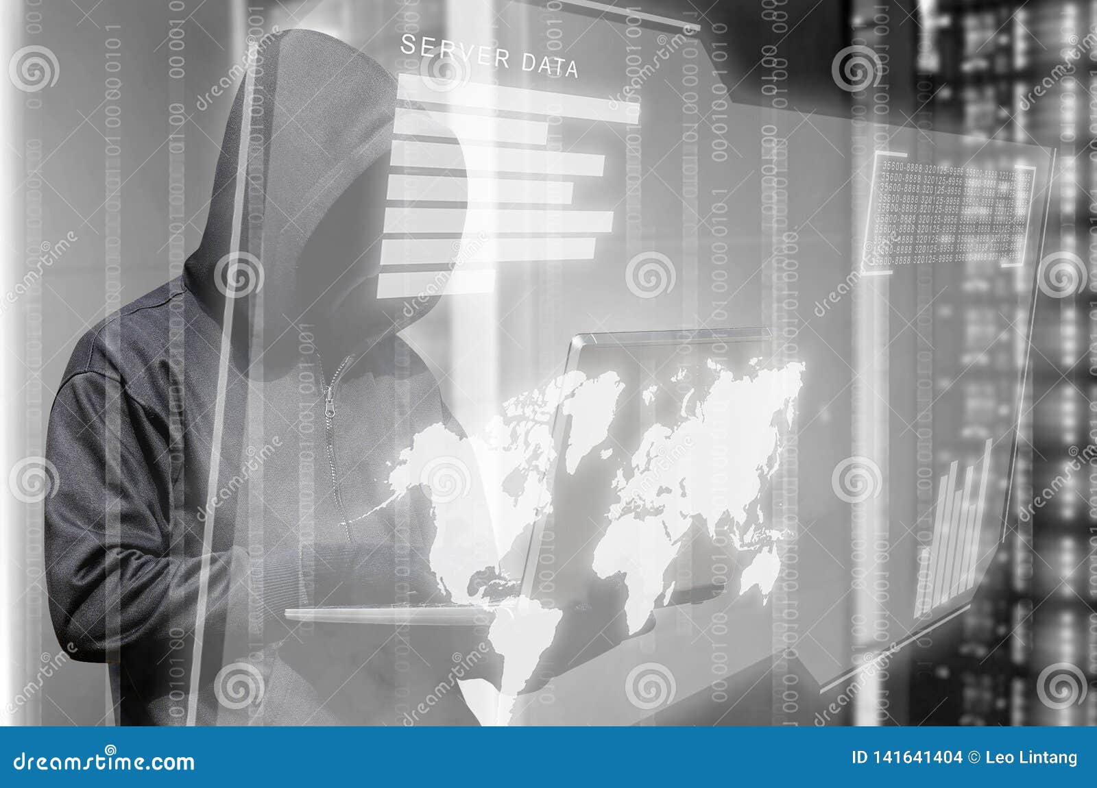 Hacker in Black Hoodie Holding Laptop and Virtual Screen Display the ...