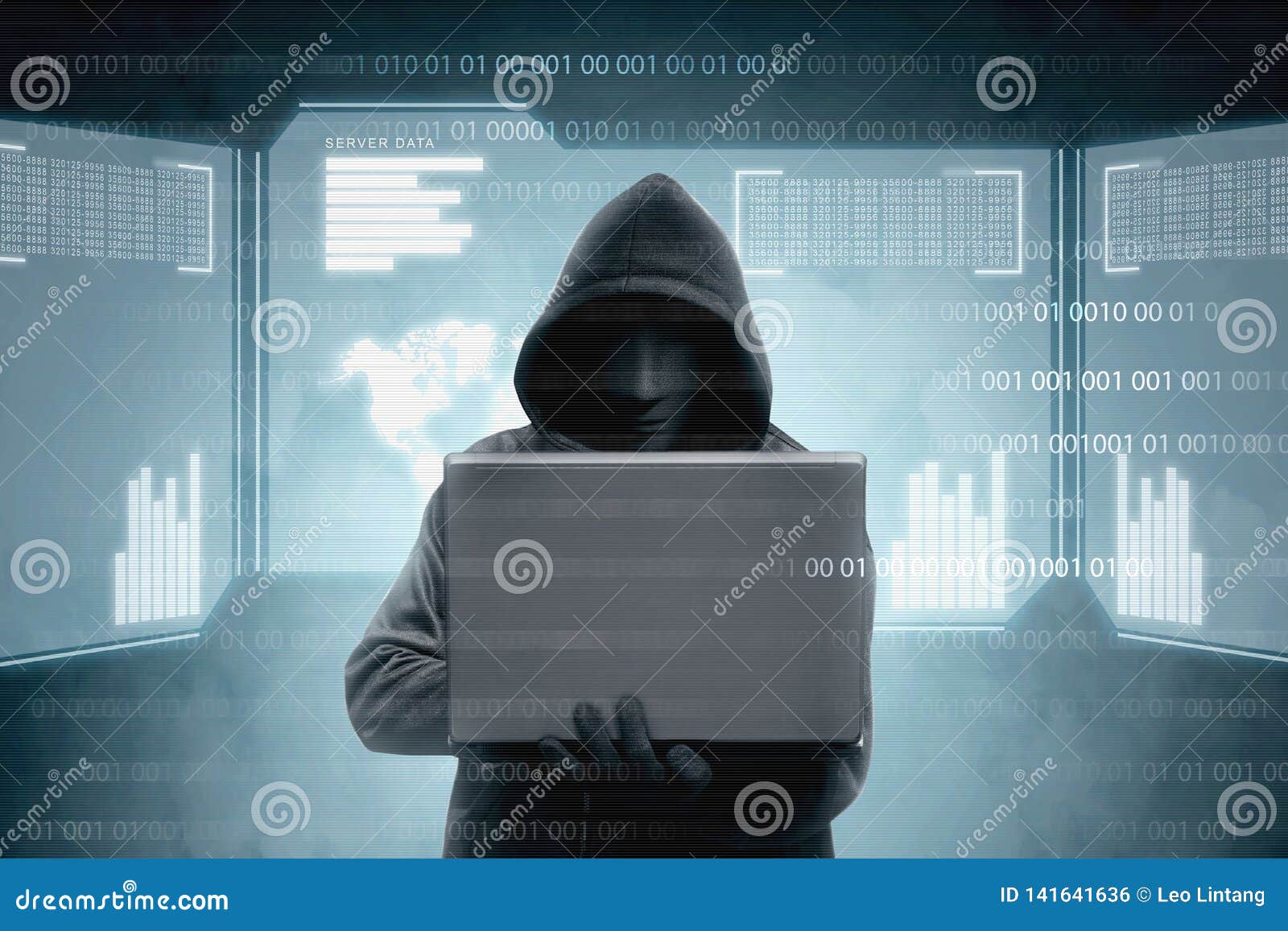 Hacker in Black Hoodie Holding Laptop and Virtual Screen Display the ...