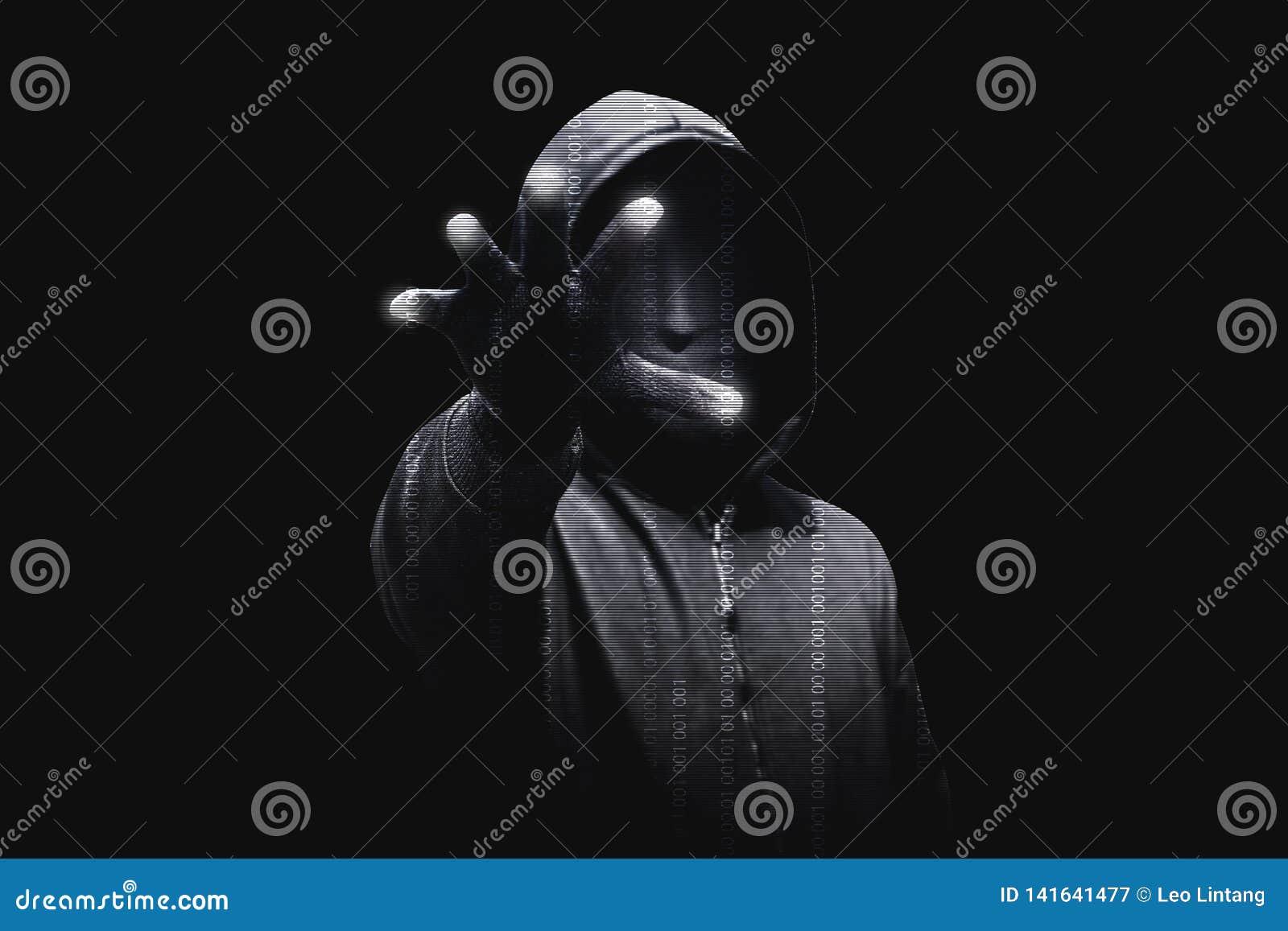 Hacker in Black Hoodie Standing with Open Palms Touch the Digital ...