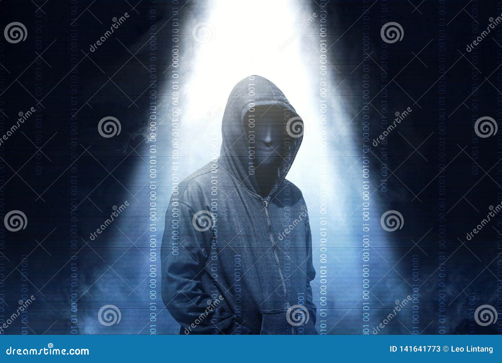 Hacker in Black Hoodie Standing with Smoke and Light from the Top Stock ...