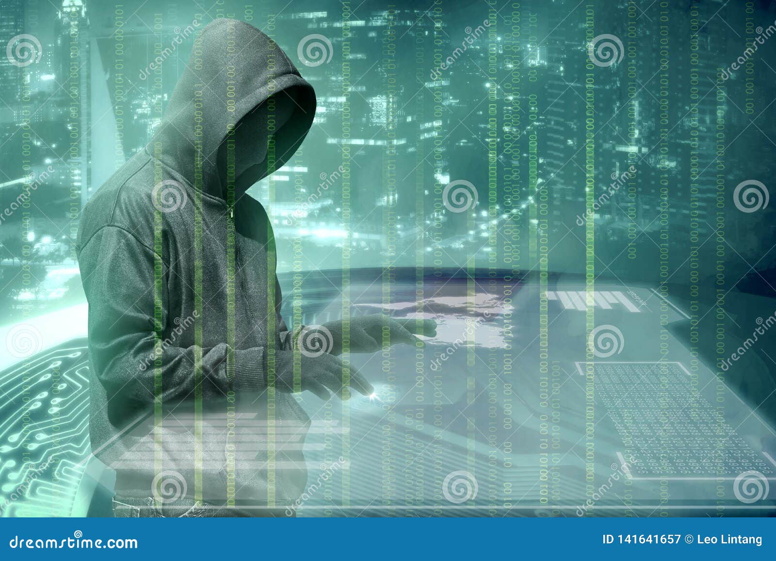Hacker in Black Hoodie Touching Virtual Screen on the Table with Server ...