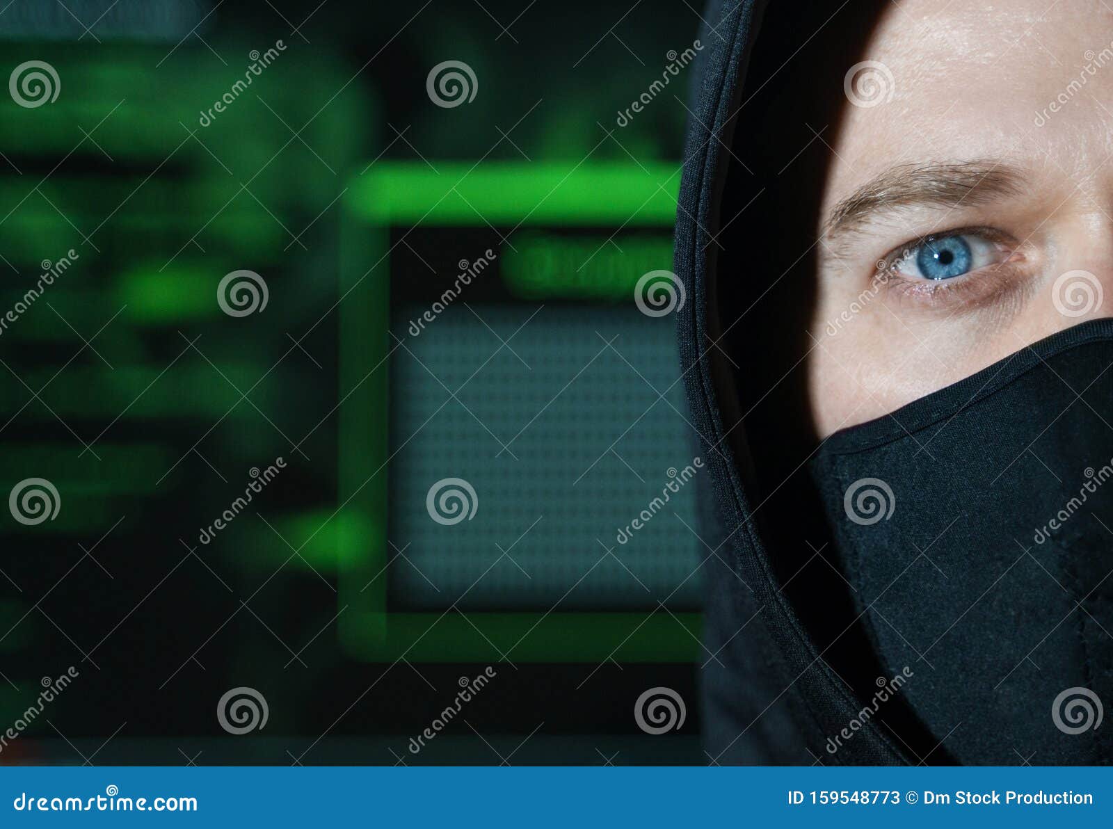 Hacker in black mask. stock image. Image of code, criminal - 159548773