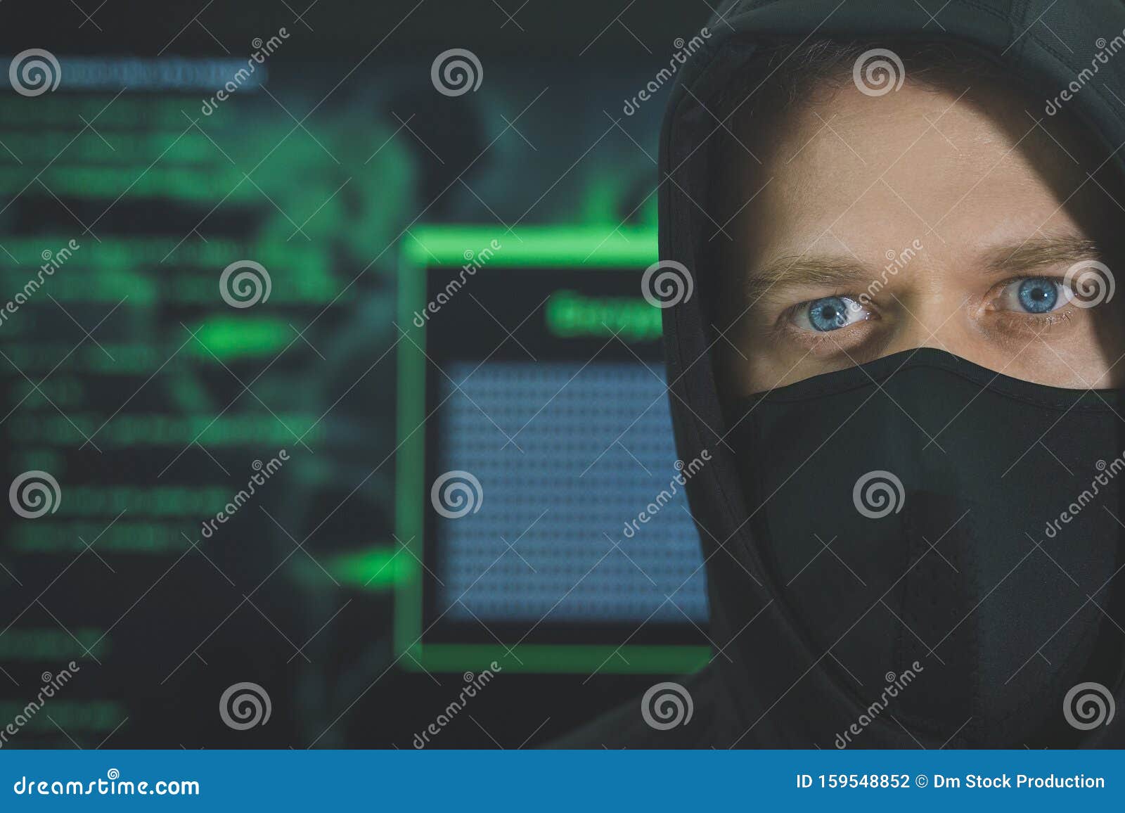 Hacker in black mask. stock photo. Image of covered - 159548852