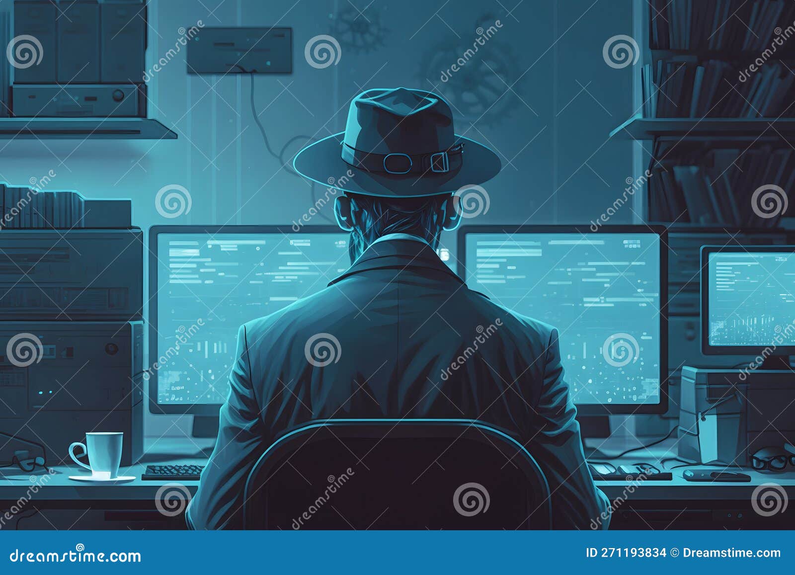 Hacker In A Blue Hoody Standing In Front Of A Code Background. Neural ...