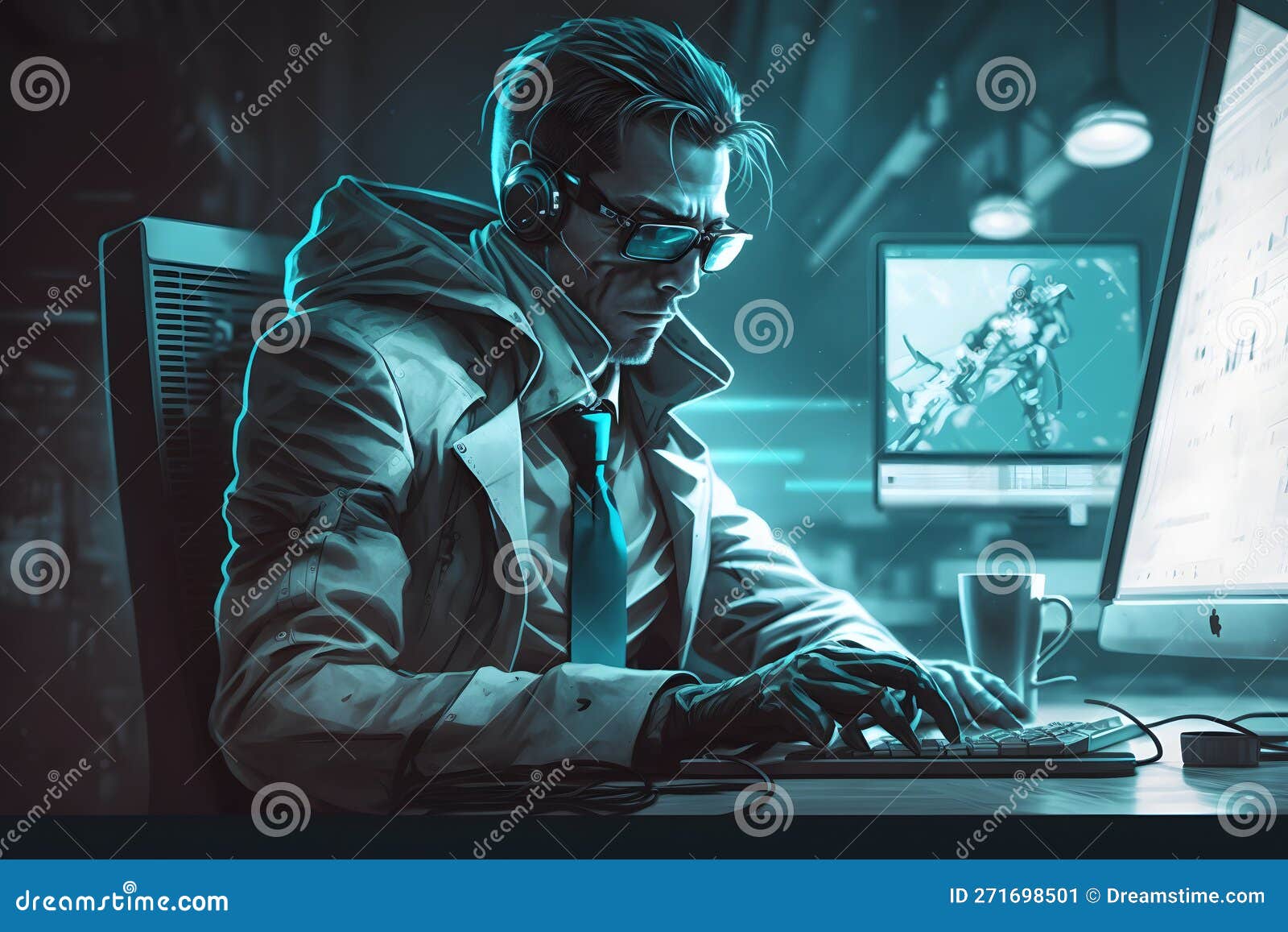 Hacker in a Blue Hoody Standing in Front of a Code Background. Neural ...