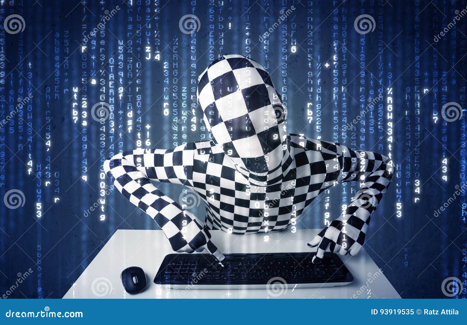 Hacker in Body Mask Decoding Information from Futuristic Network Stock ...