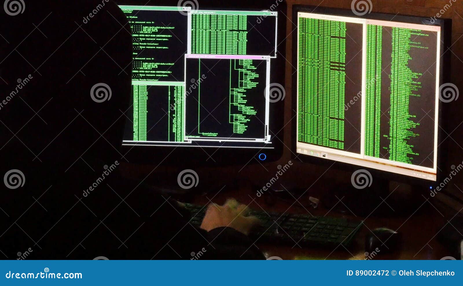 Hacker Breaking Code. Criminal Hacker With Black Hood Penetrating ...