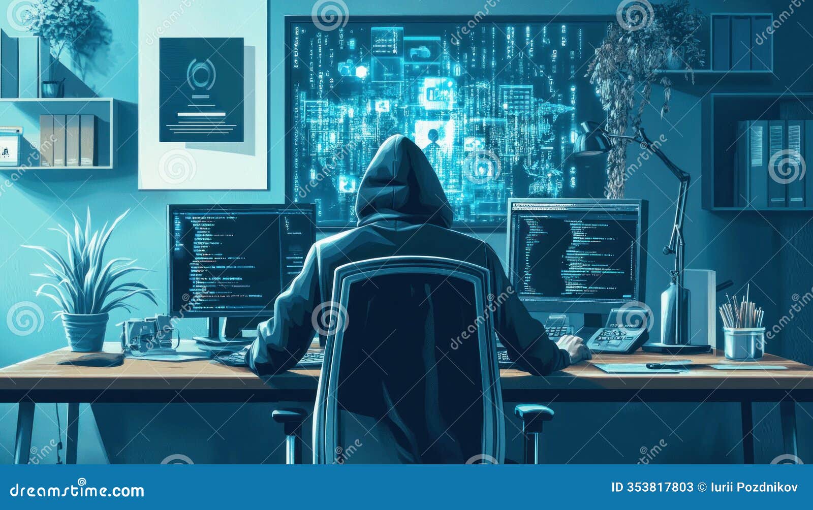 Hacker Breaking into Corporate Network Using Multiple Computer Screens ...