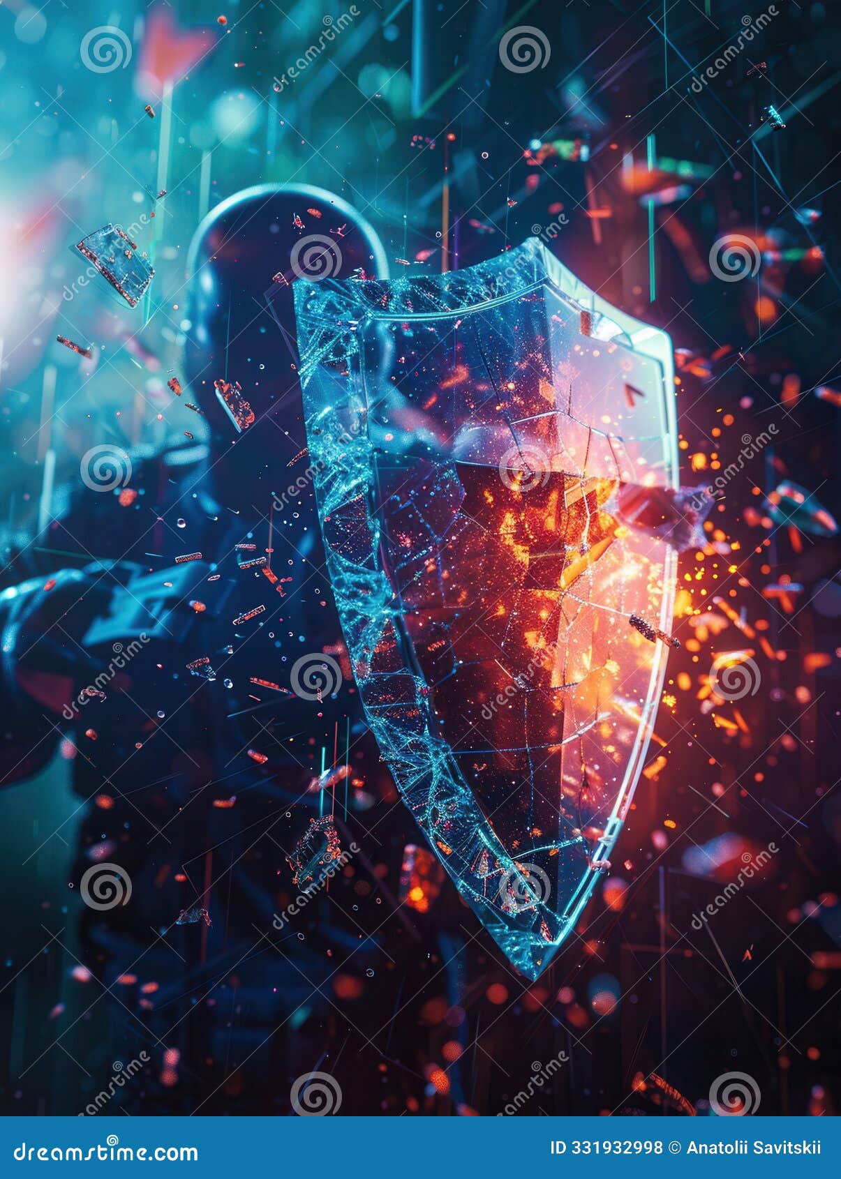 A Hacker is Breaking through a Digital Shield, with Shield Fragments ...