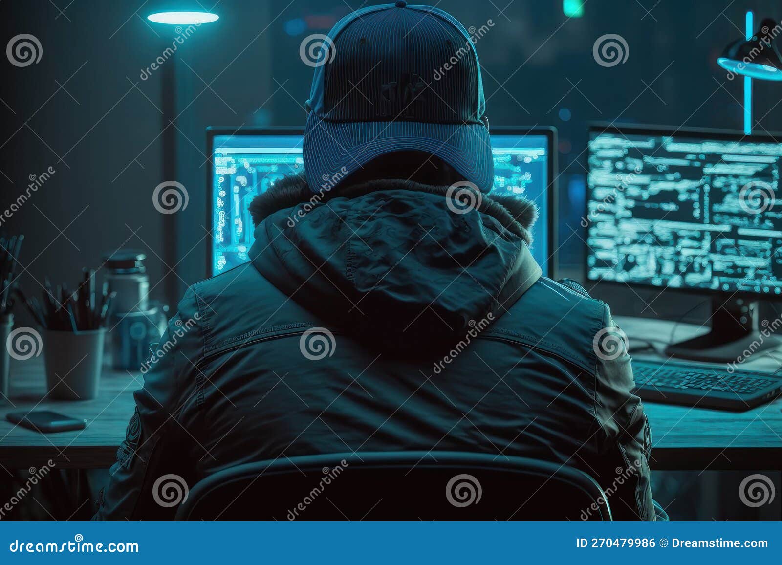 Hacker in a Cap with a Computer. AI Generative Stock Illustration ...