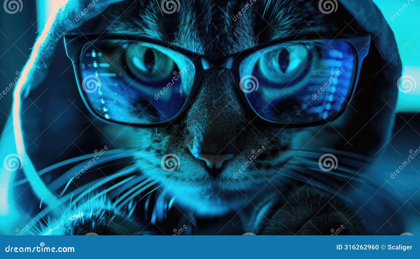 Hacker Cat Uses Computer in Dark Room, Digital Data Reflected in ...