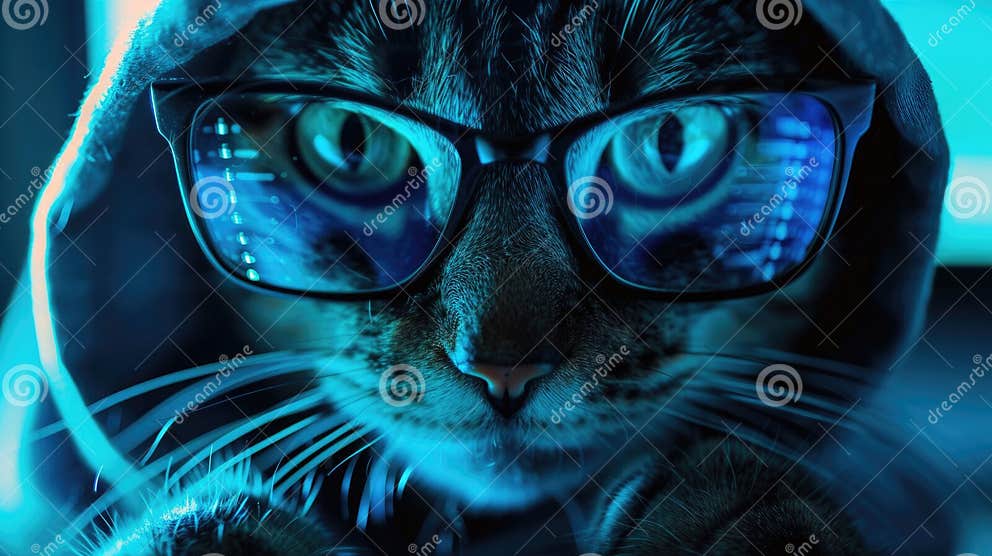 Hacker Cat Uses Computer in Dark Room, Digital Data Reflected in ...
