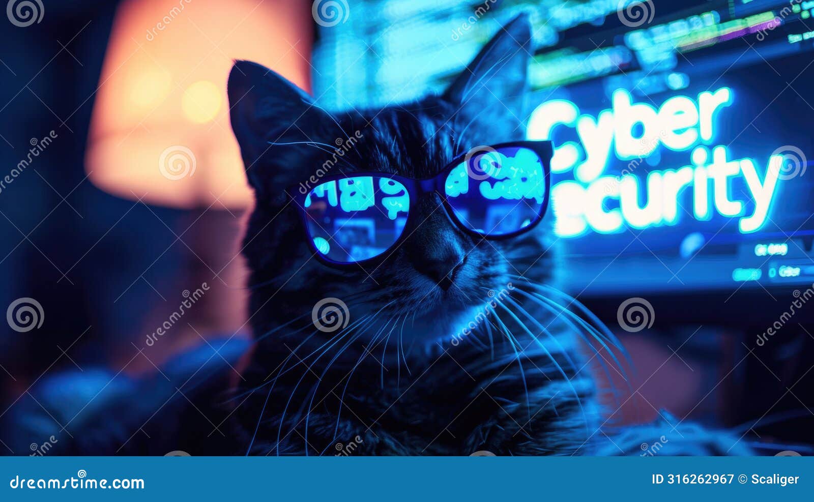 Hacker Cat Uses Computer in Dark Room, Text Cyber Security on Screen ...