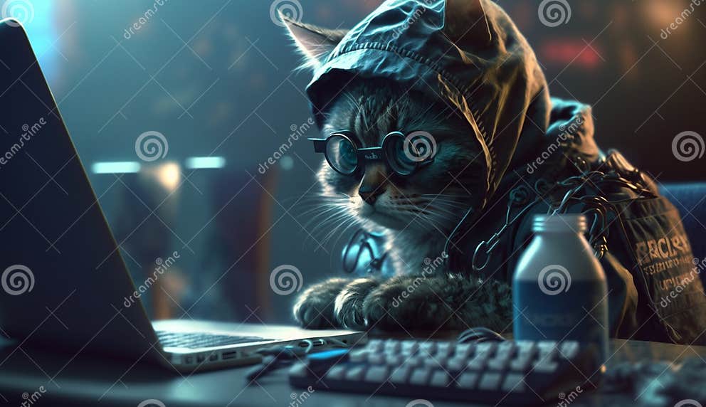 Hacker Cat Working Job Profession. Generative AI Stock Illustration ...