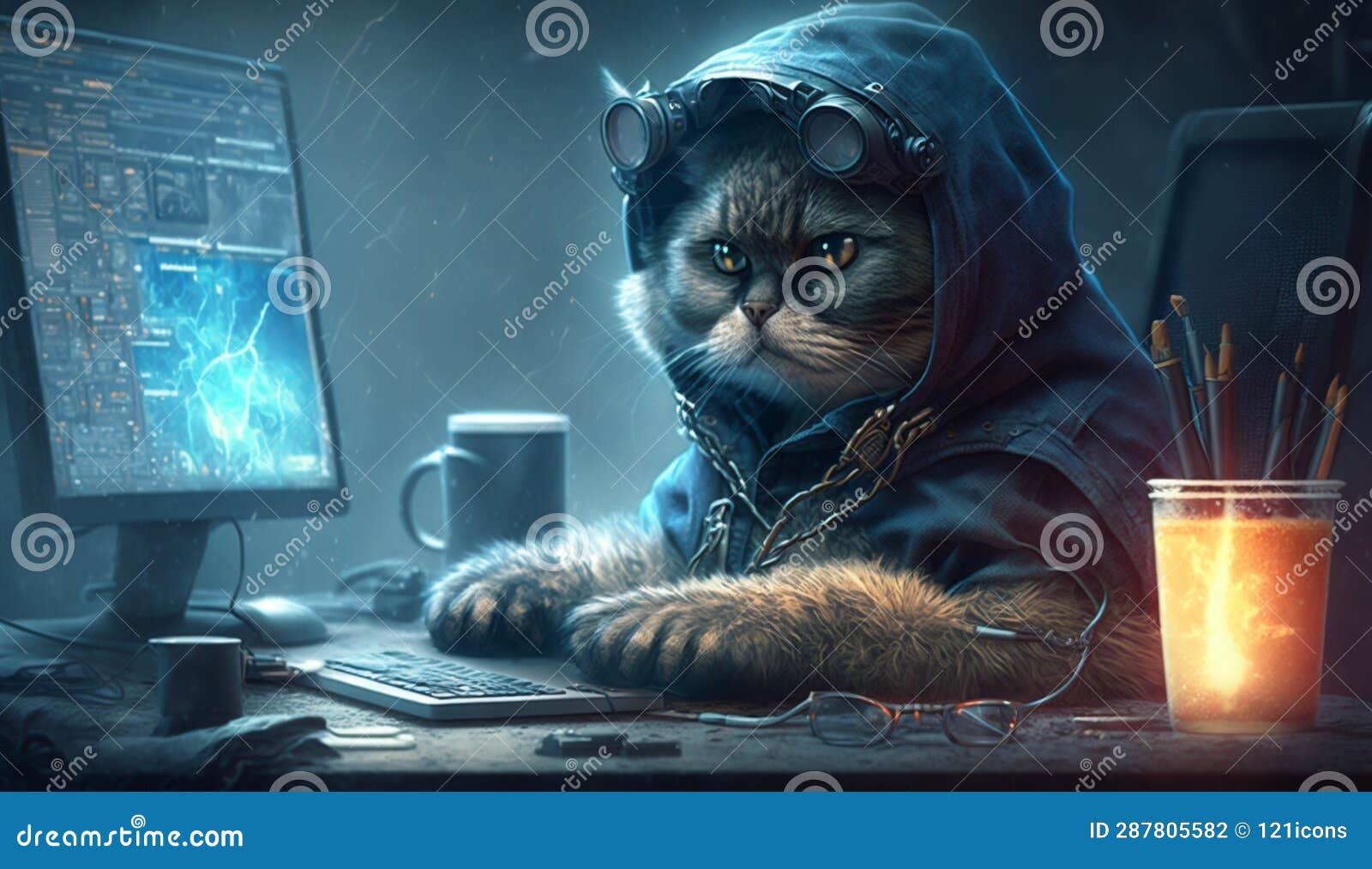 Hacker Cat Working Job Profession. Generative AI Stock Illustration ...