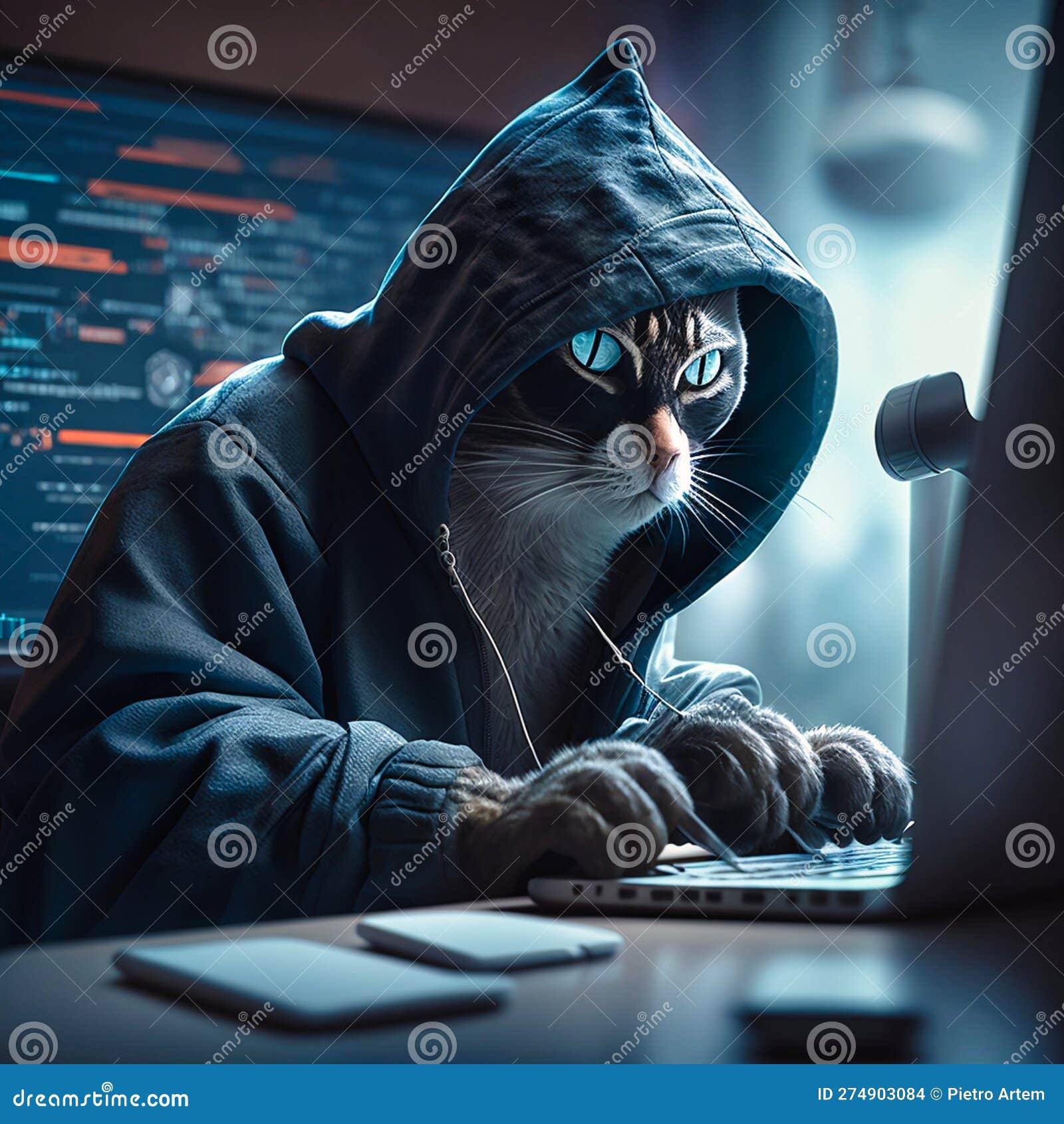 Hacker Cat Working Job Profession Illustration, Generative AI Stock ...