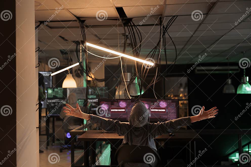 Hacker Celebrating Successful Computer System Password Hacking Stock ...