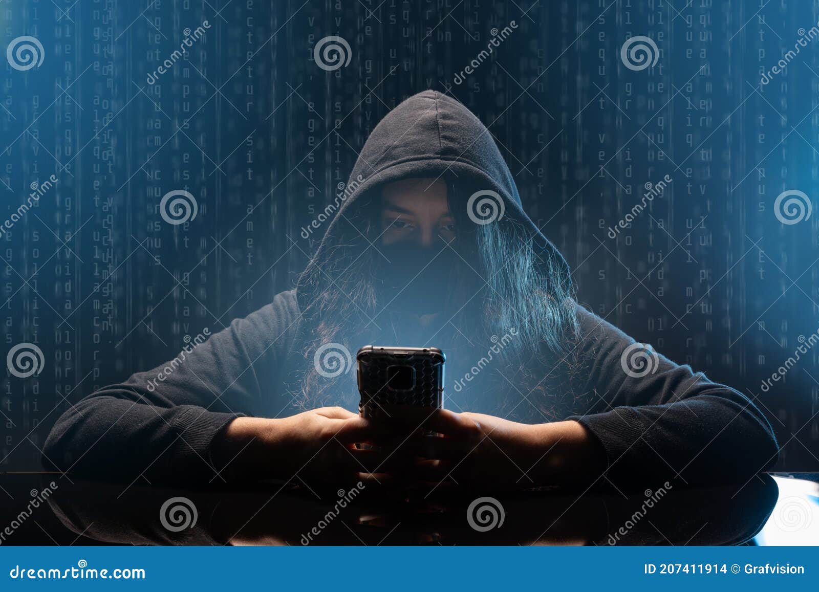 Hacker with cellphone stock photo. Image of internet - 207411914