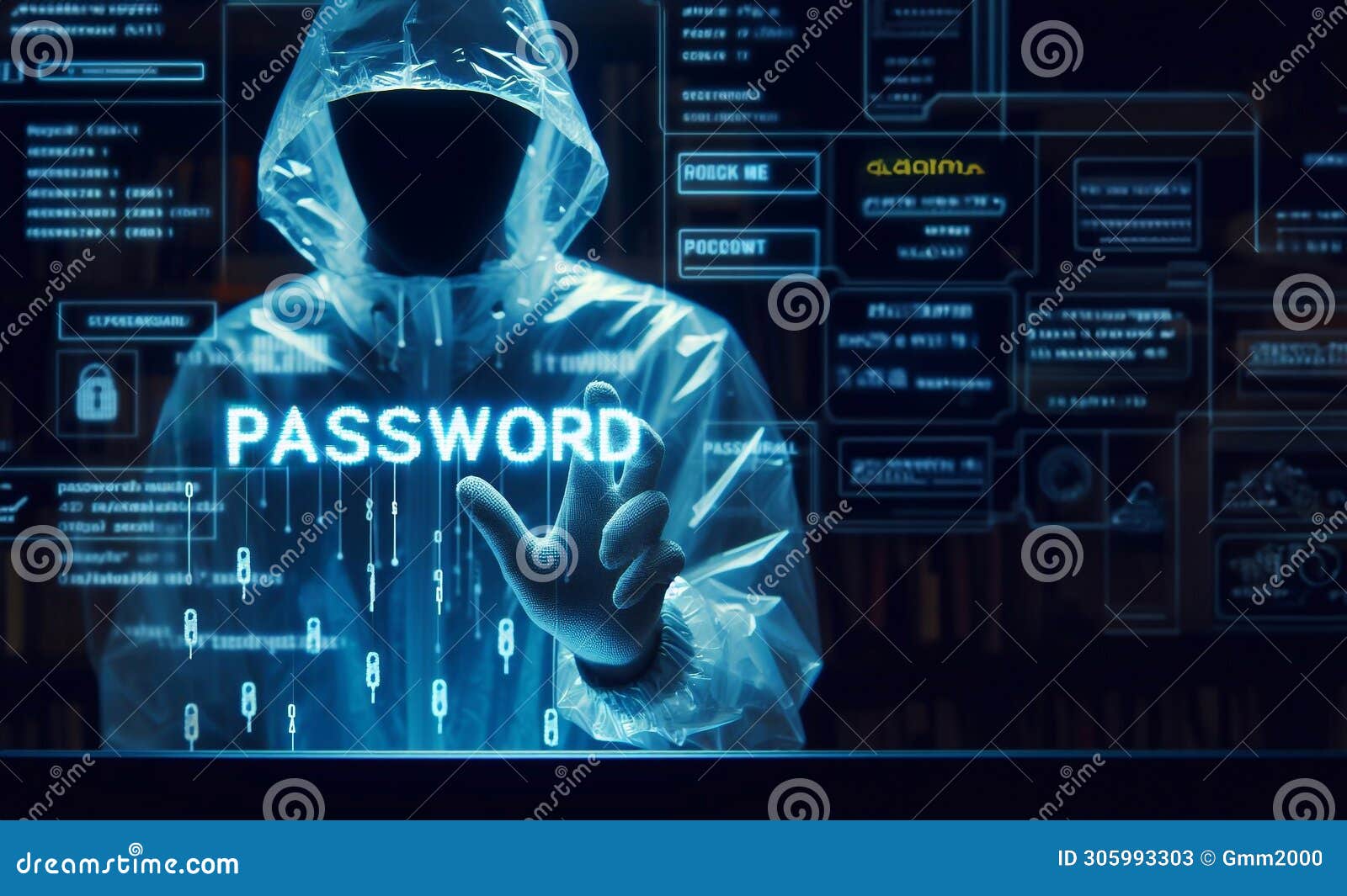 A Hacker in a Hooded Sweatshirt, Grabs the Word Password on a Computer ...