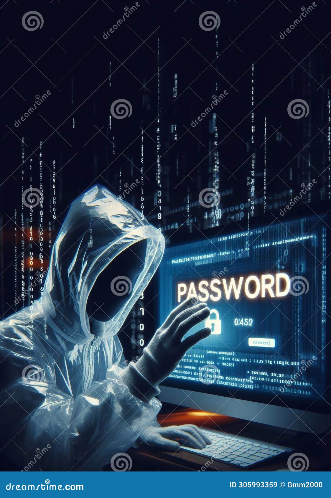 A Hacker in a Hooded Sweatshirt, Grabs the Word Password on a Computer ...