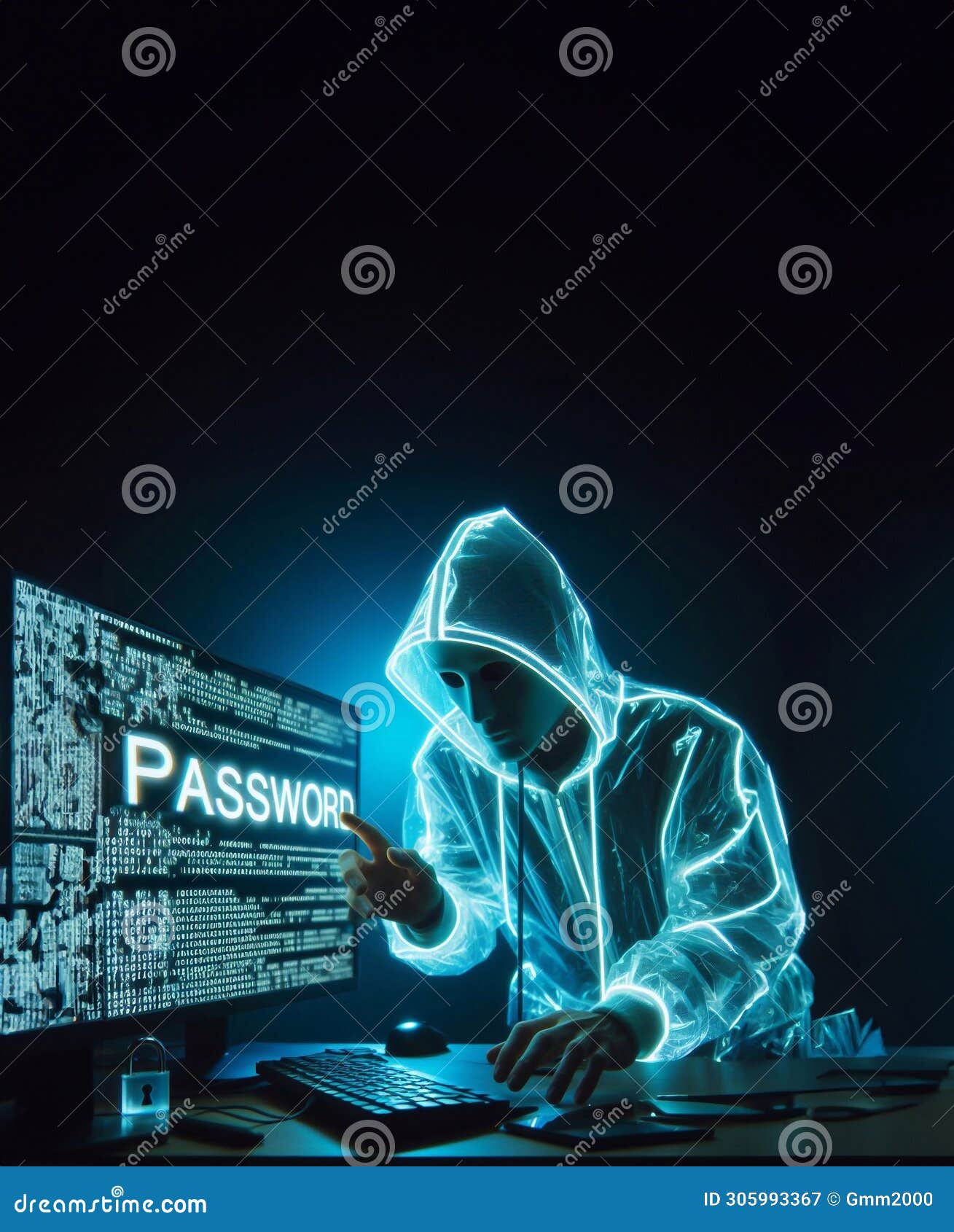 A Hacker in a Hooded Sweatshirt, Grabs the Word Password on a Computer ...