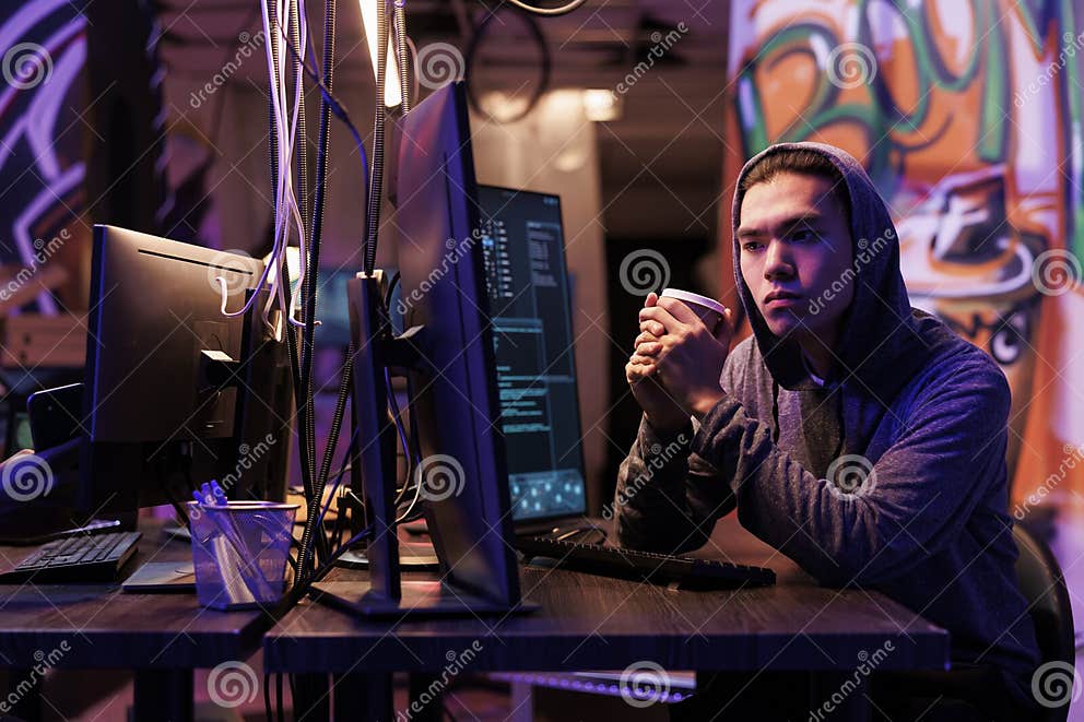 Hacker with Coffee Doing Crime Activity Stock Photo - Image of software ...