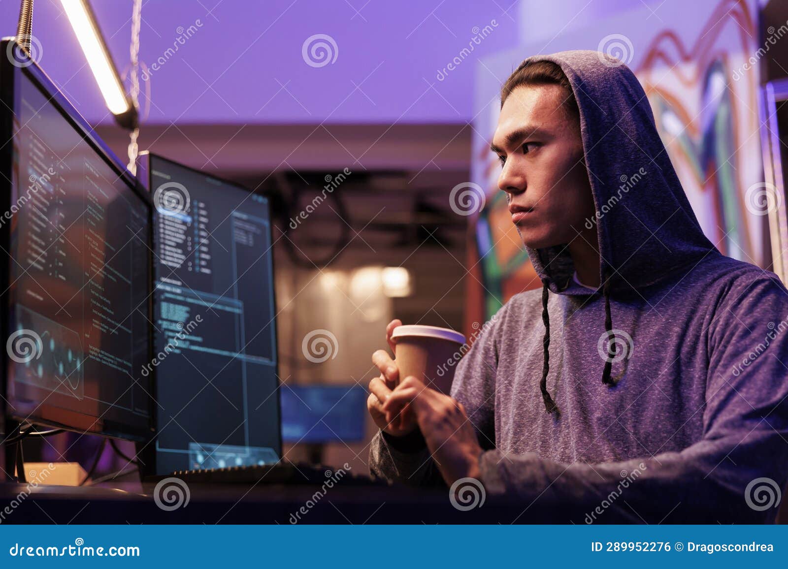 Hacker with Coffee Doing Ddos Attack Stock Photo - Image of screen ...