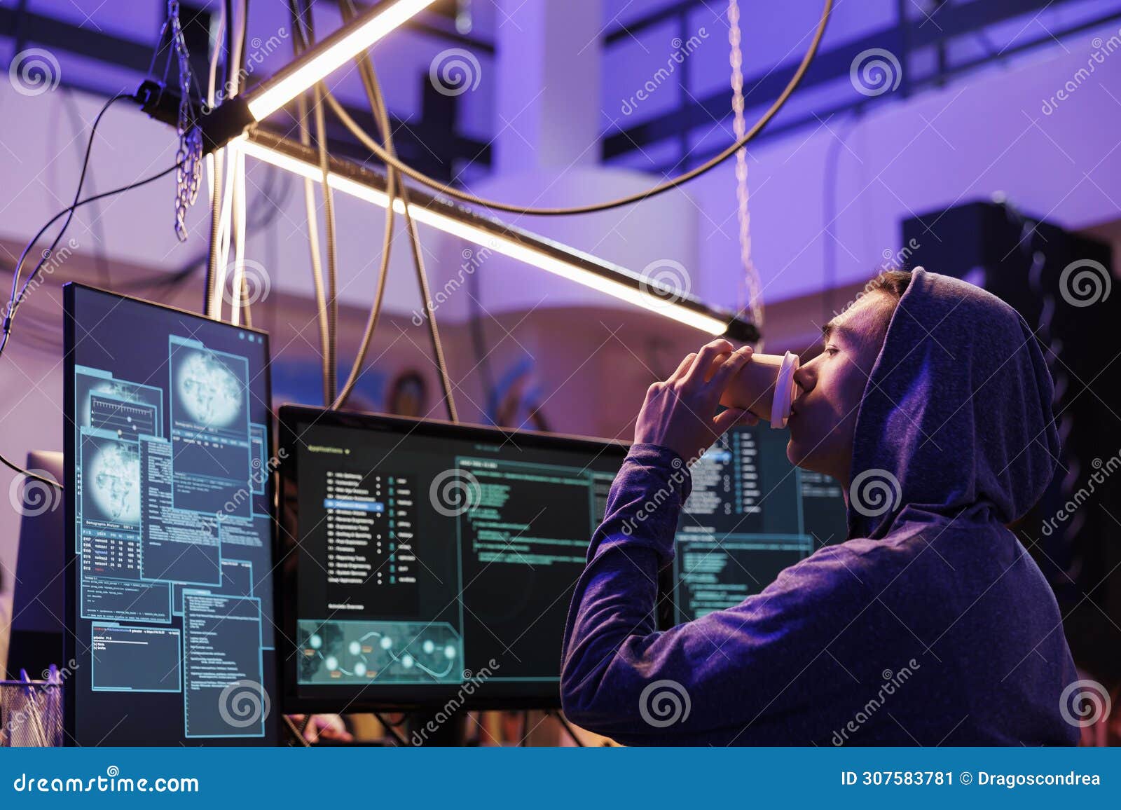 Hacker with Coffee Doing Malware Attack Stock Image - Image of cyber ...