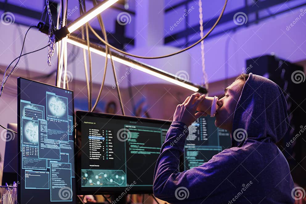 Hacker with Coffee Doing Malware Attack Stock Image - Image of cyber ...