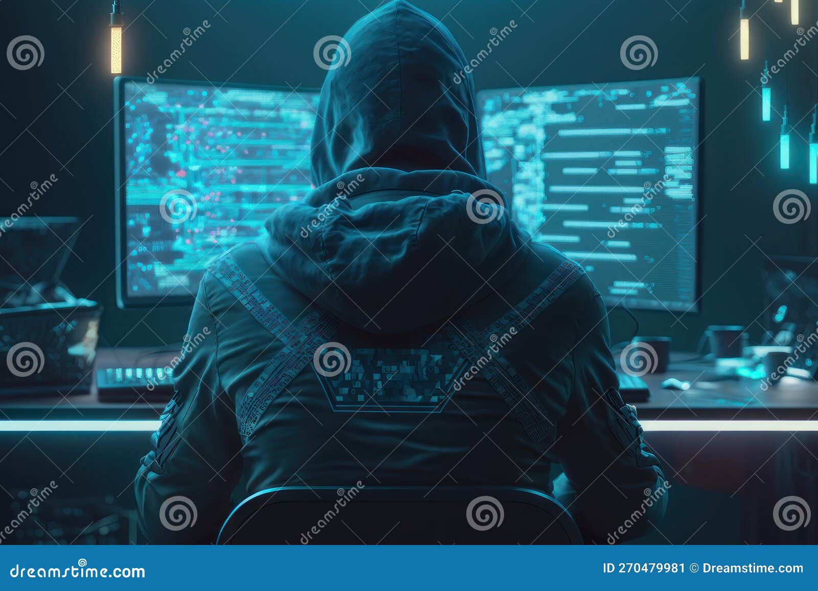 Hacker with Computer, Blue Light. AI Generative Stock Illustration ...