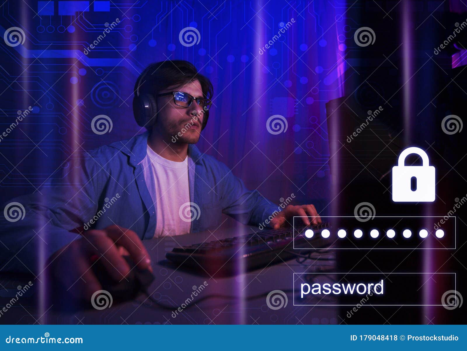 Hacker at Computer. Collage with Lock and Enter the Password Stock ...