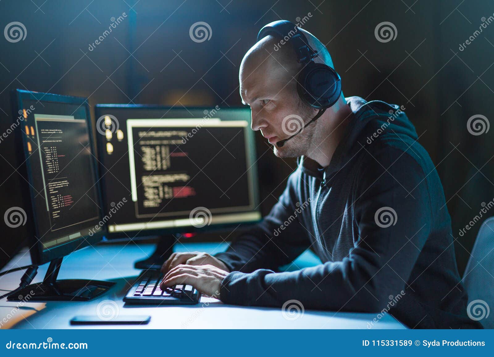 Hacker with Computer and Headset in Dark Room Stock Image - Image of ... Hacker with Computer and Headset in Dark Room Stock Image - Image of ...