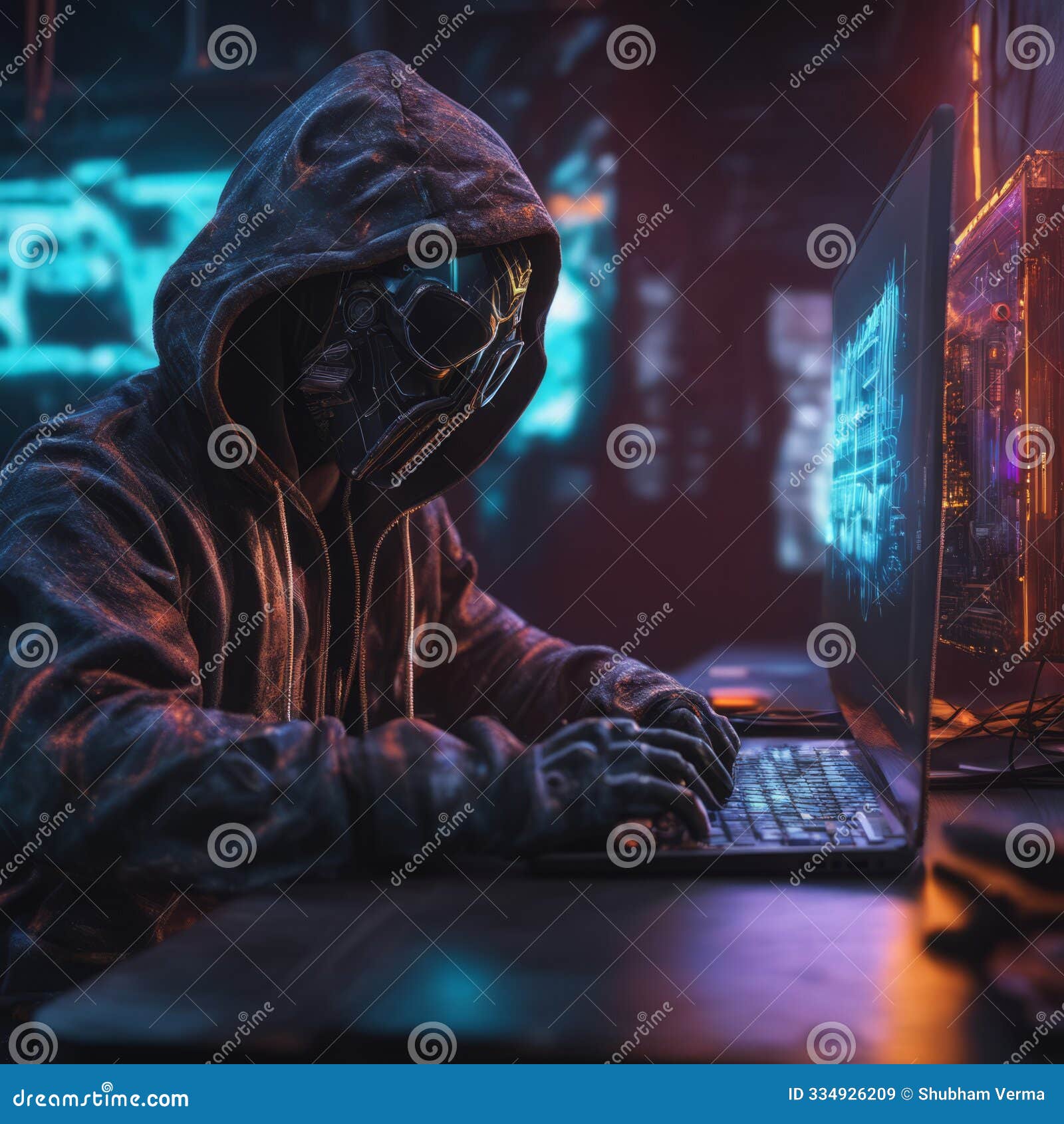 Hacker with Computer and Mask in Dark Room Hacker with Computer and Mask in Dark Room Hacker ...