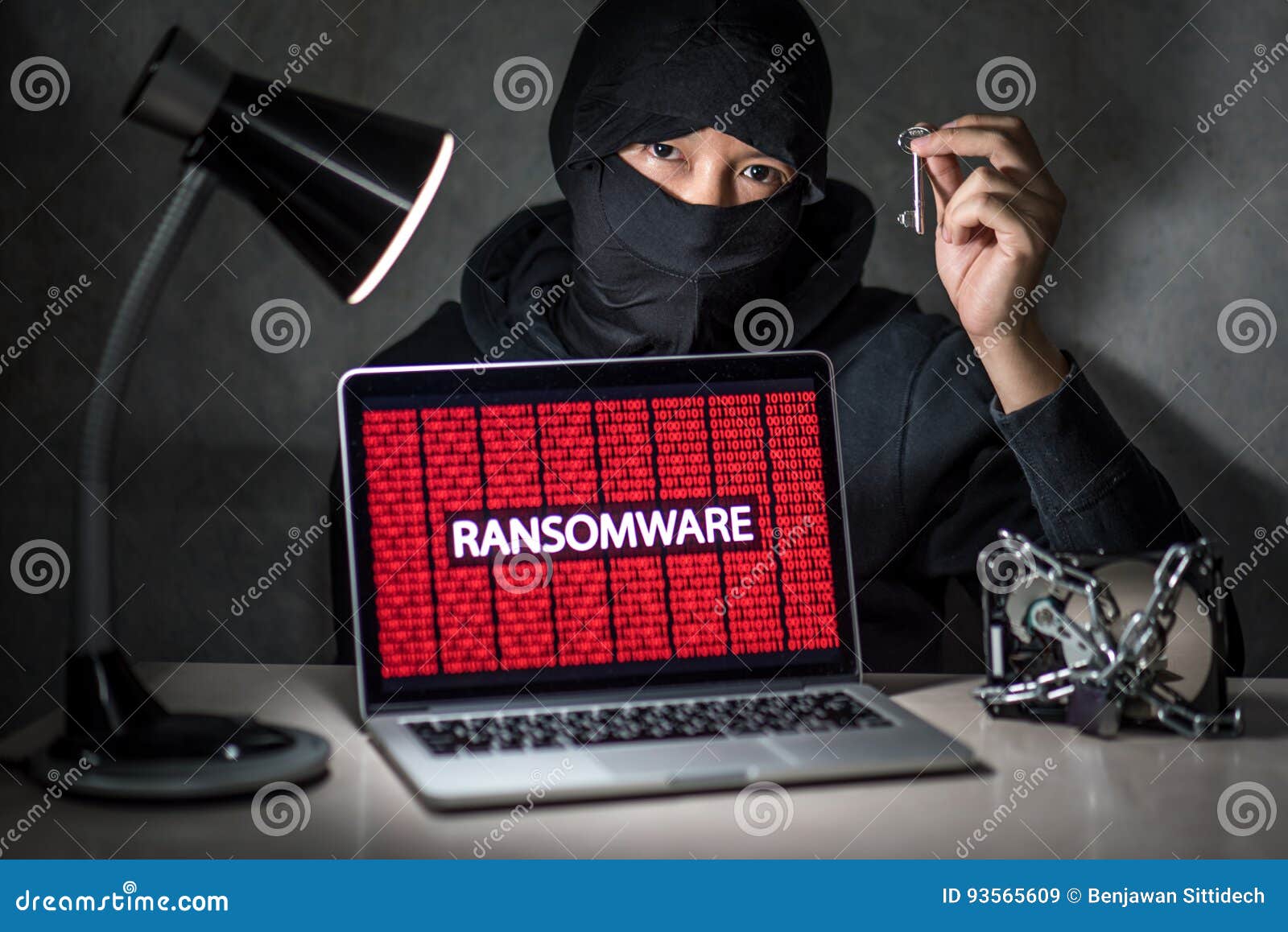 Hacker with Computer Screen Showing Ransomware Attacking Stock Image ...