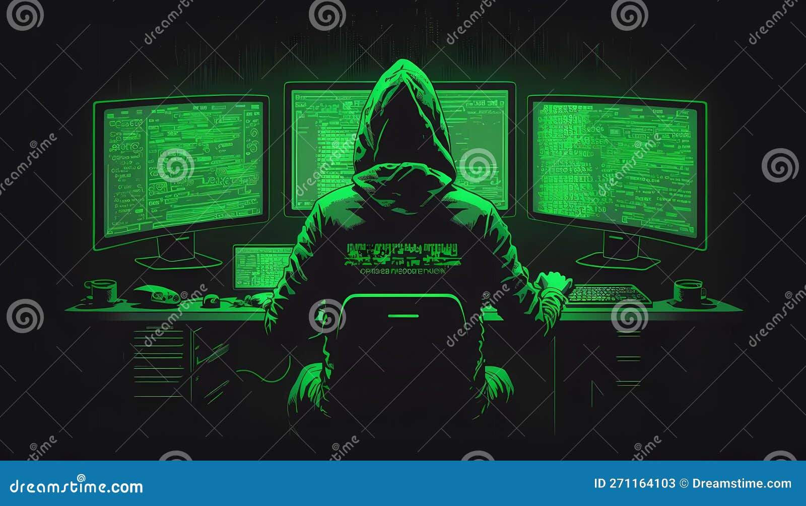 Hacker with 3 Computer Screens. Green Color. Stock Illustration ...