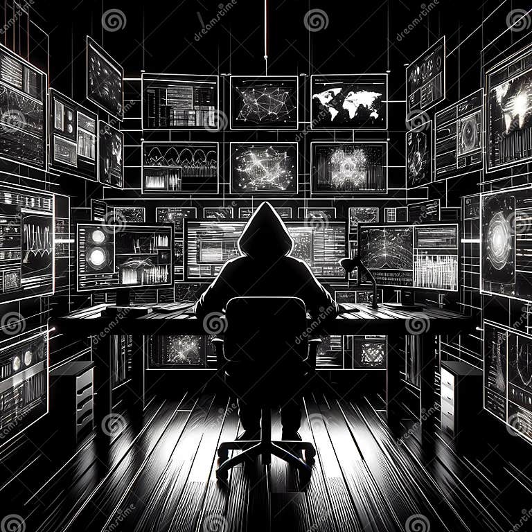 Hacker Computer Screens Room Stock Illustration - Illustration of ...
