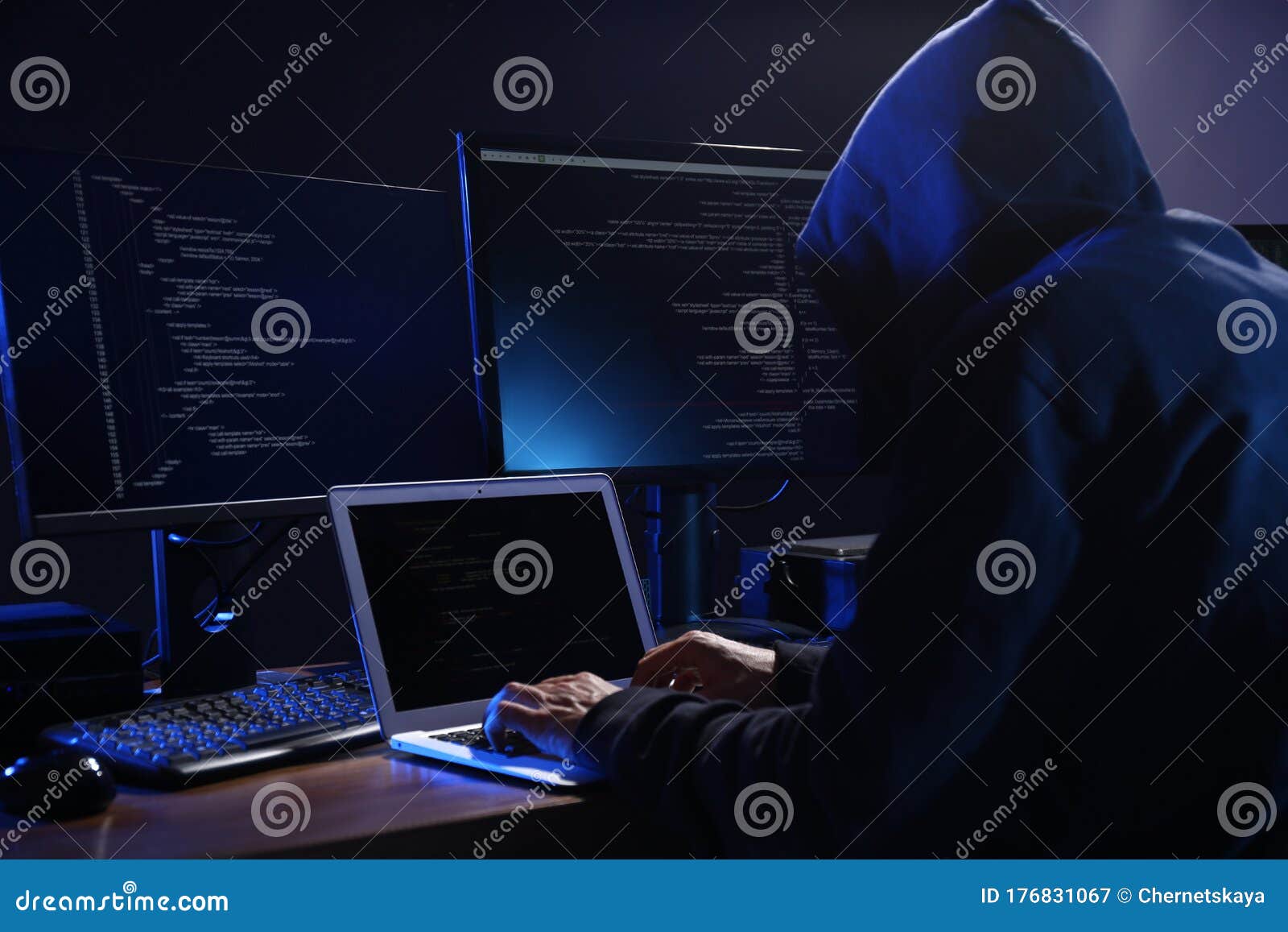 Hacker with Computers in Room. Cyber Crime Stock Image - Image of ...