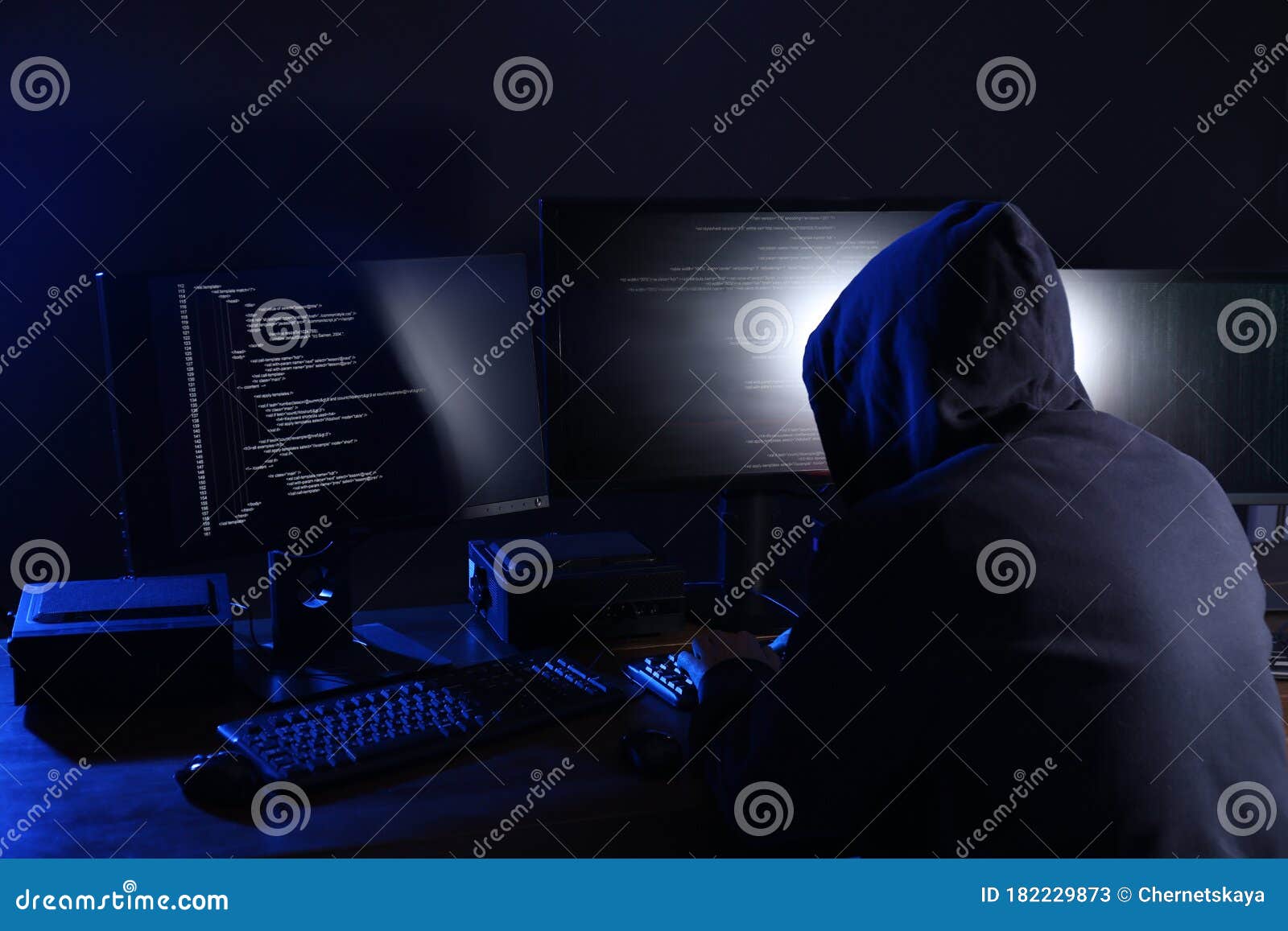Hacker with Computers in Room. Cyber Crime Stock Image - Image of cyber ...