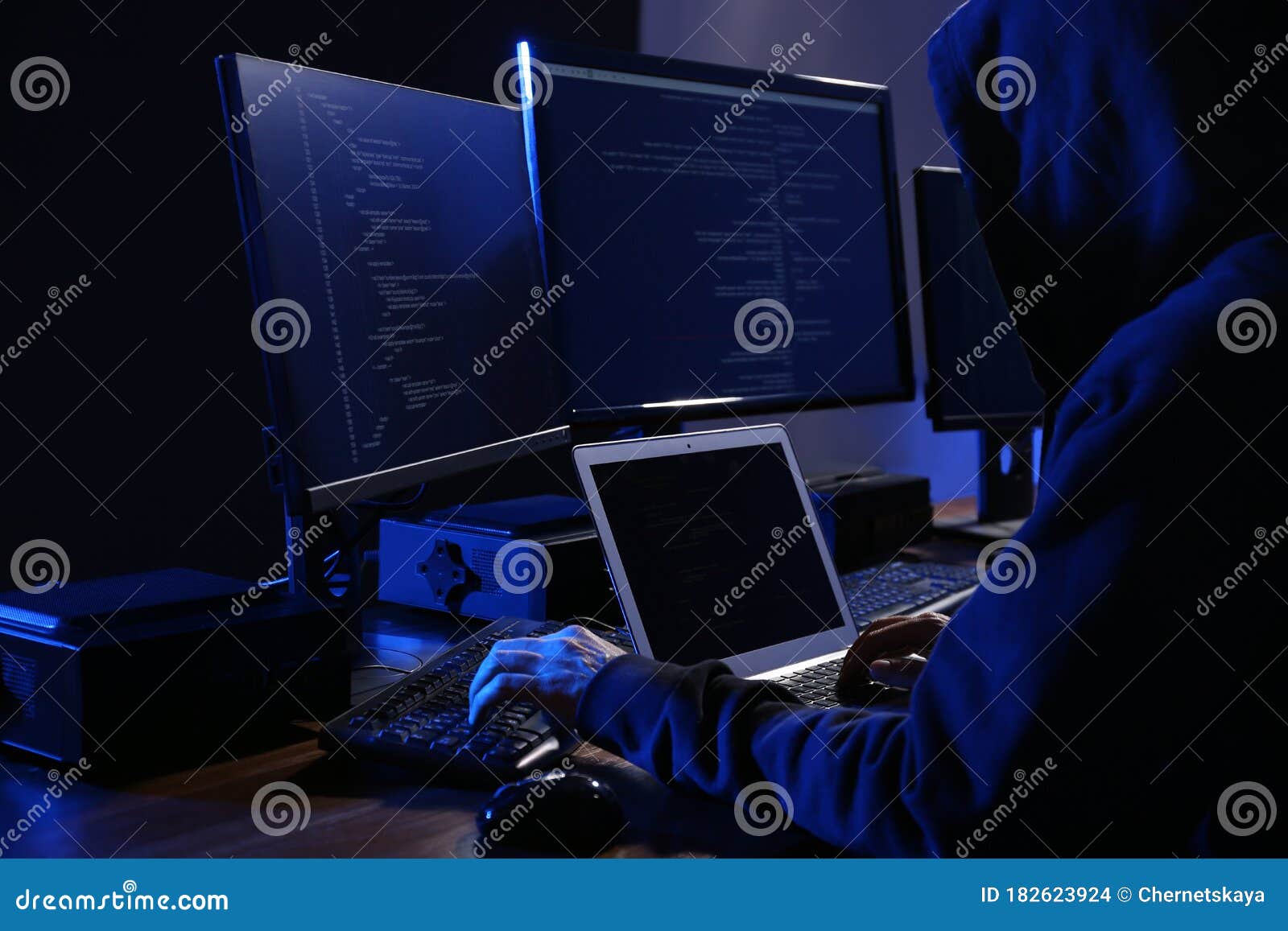 Hacker with Computers in Room. Cyber Crime Stock Photo - Image of ...