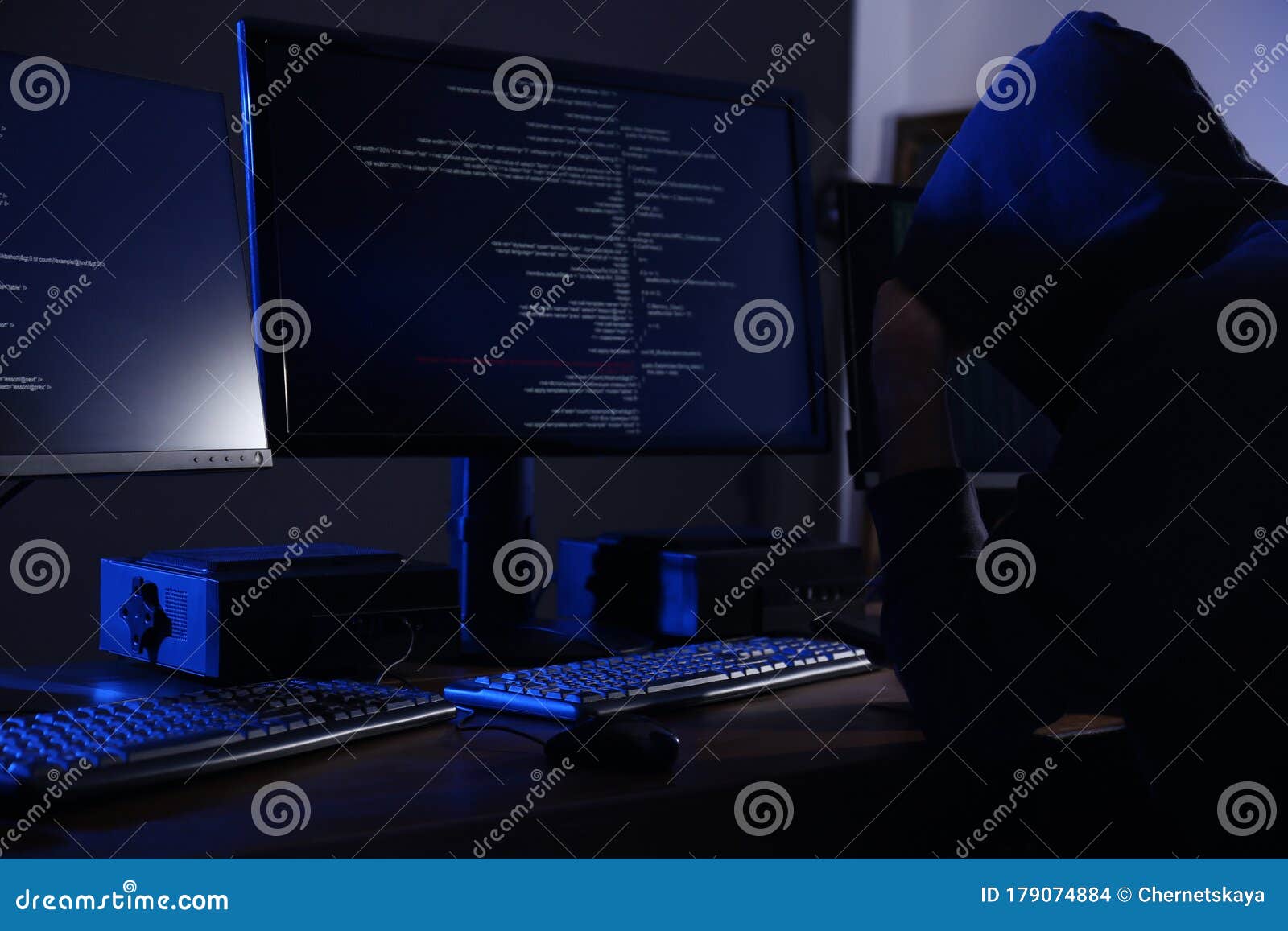 Hacker with Computers in Room. Cyber Crime Stock Photo - Image of ...