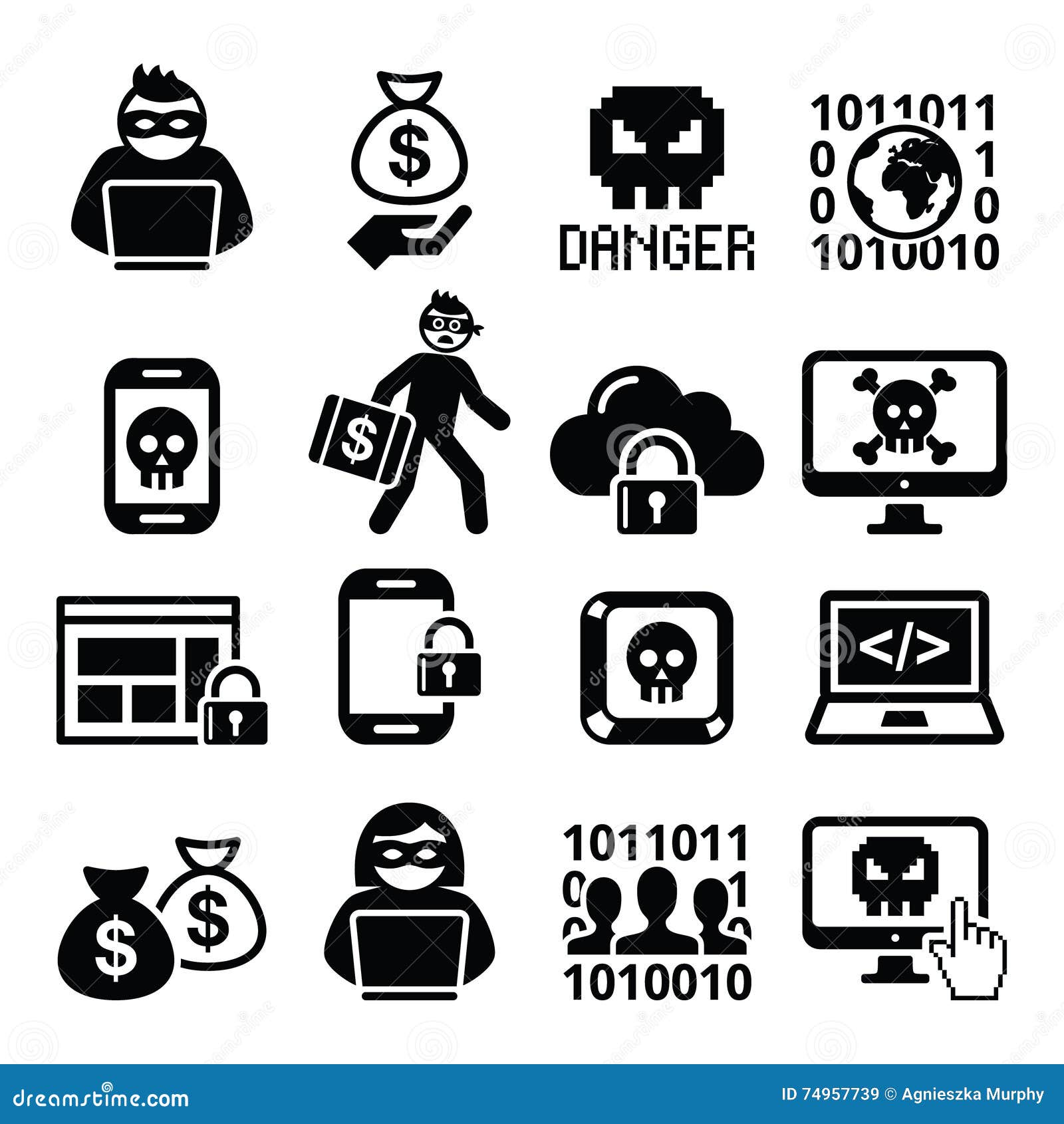 Hacker Cyber Attack Cyber Crime Icons Set Stock Vector Illustration
