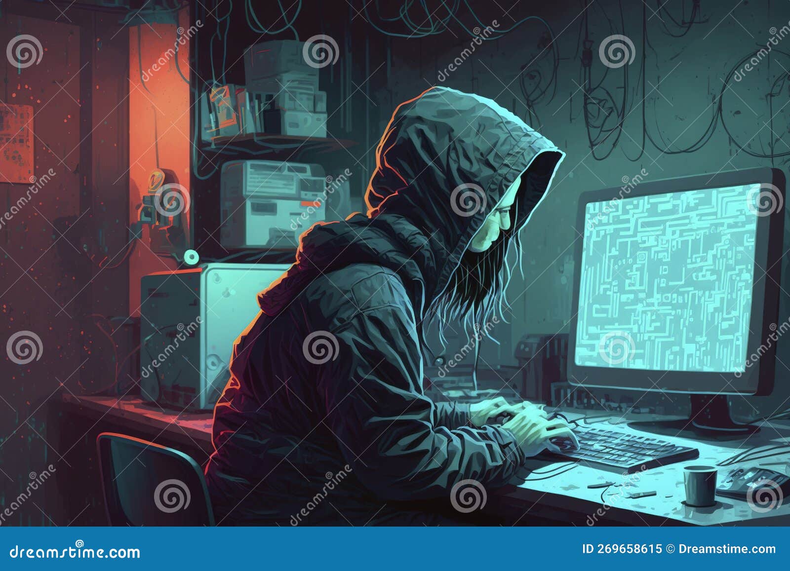 A Hacker In A Cyberpunk Suit In A Futuristic Room With Neon Lights And ...