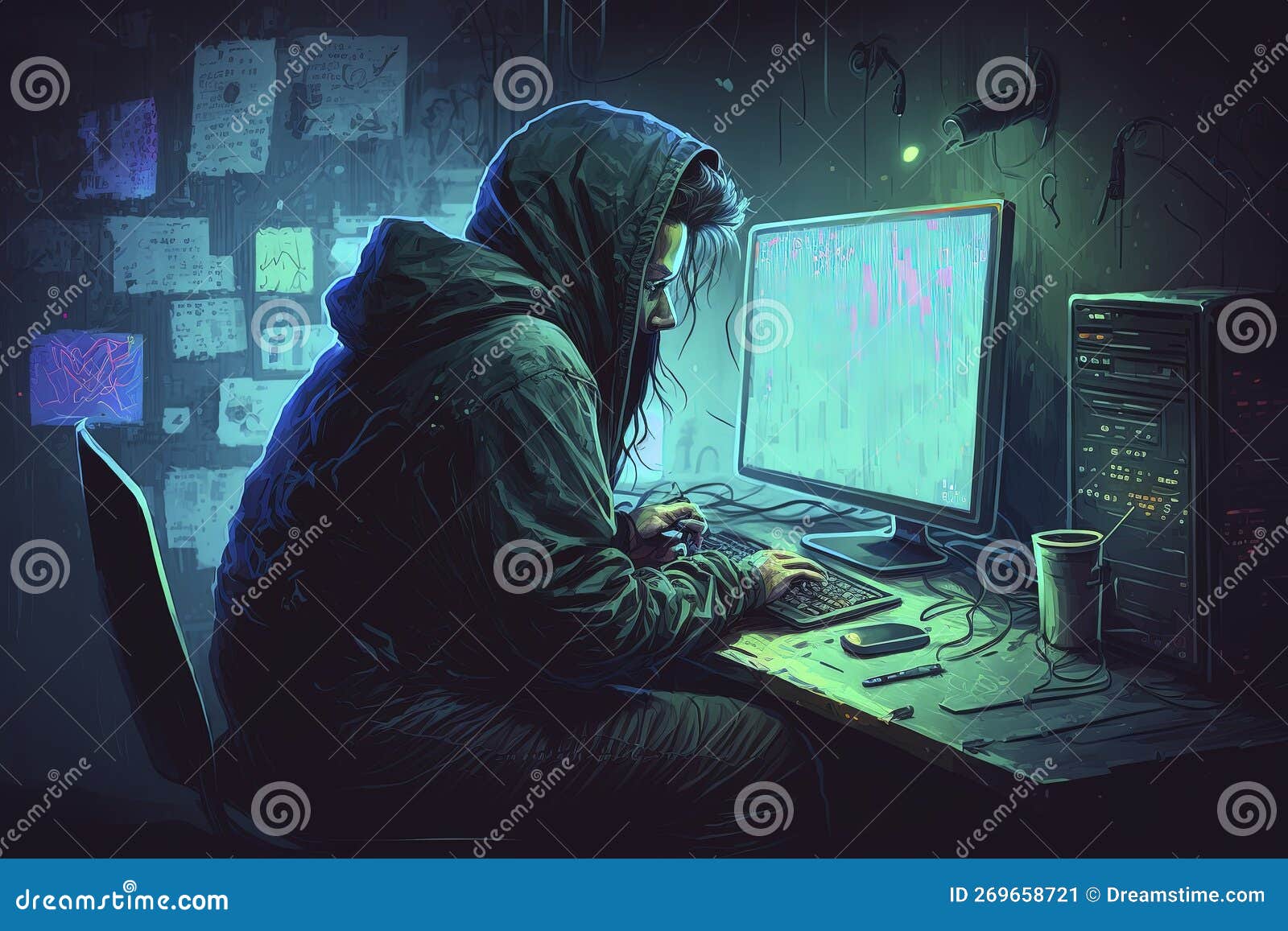 Hacker Cyberpunk Computer Room Cybercrime Code Stock Illustration ...