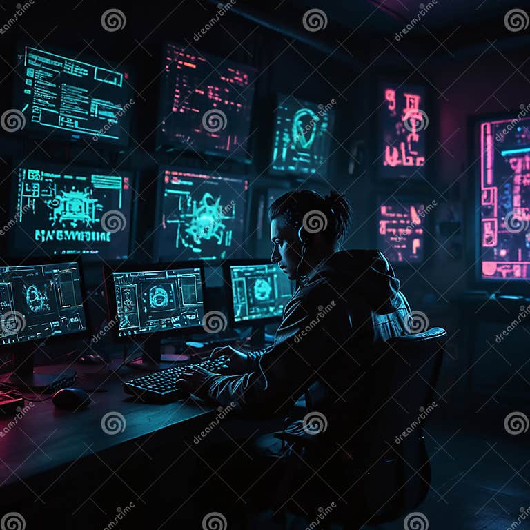 Cyberpunk Hacker in a Dark Room, Multiple Screens, Neon Glow, Dystopian ...