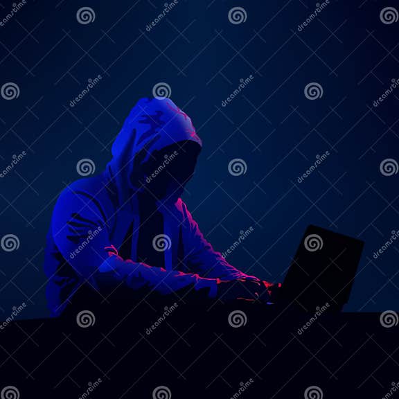 Hacker in Dark. Hooded Figure on Computer. Cyber Security Person. Black ...