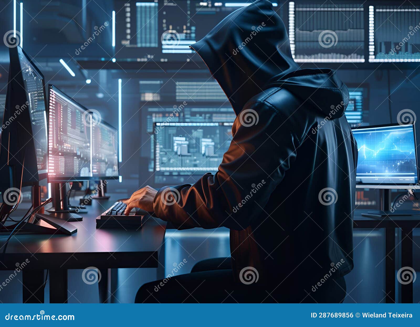 Hacker with a dark hoodie stock illustration. Illustration of data ...